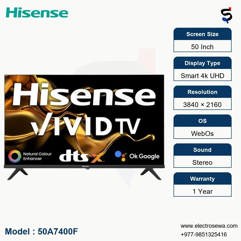 HISENSE LED TV - 50 Inch -Bezel Less Smart 4K UHD (50A7400F)